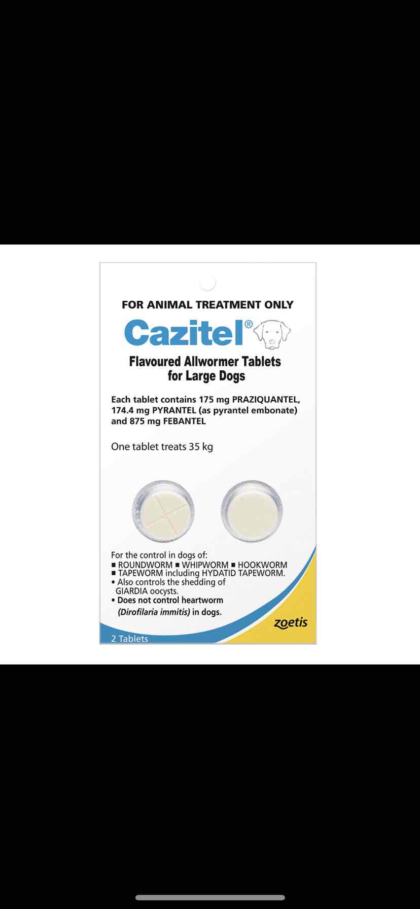 Cazitel Allwormer For Dogs 35kg 2 Tablets - $37.90