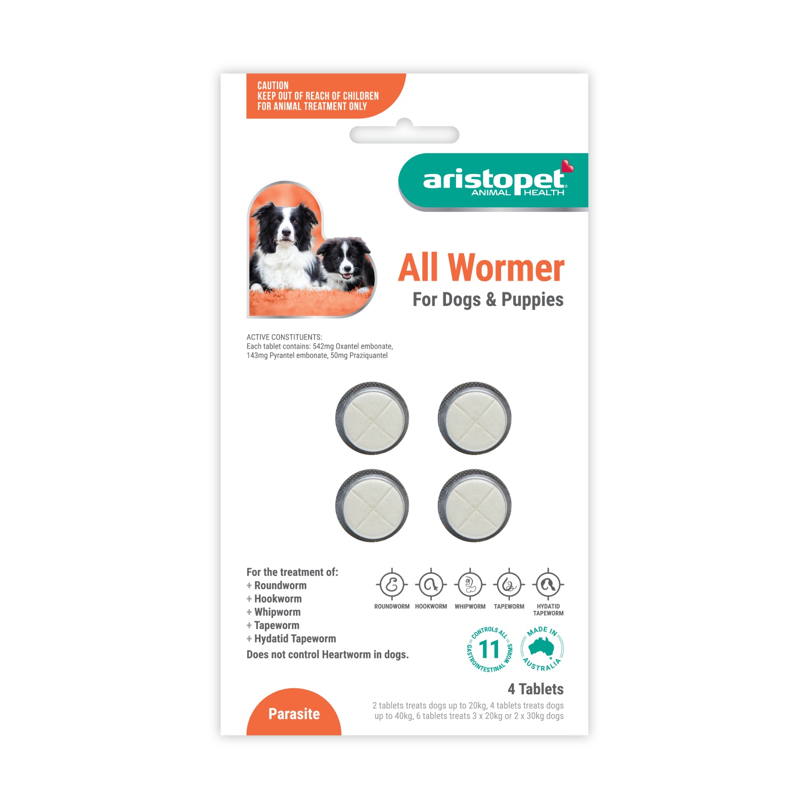 Aristopet All Wormer For Dogs And Puppies 10kg 4 Tablets - $17.49