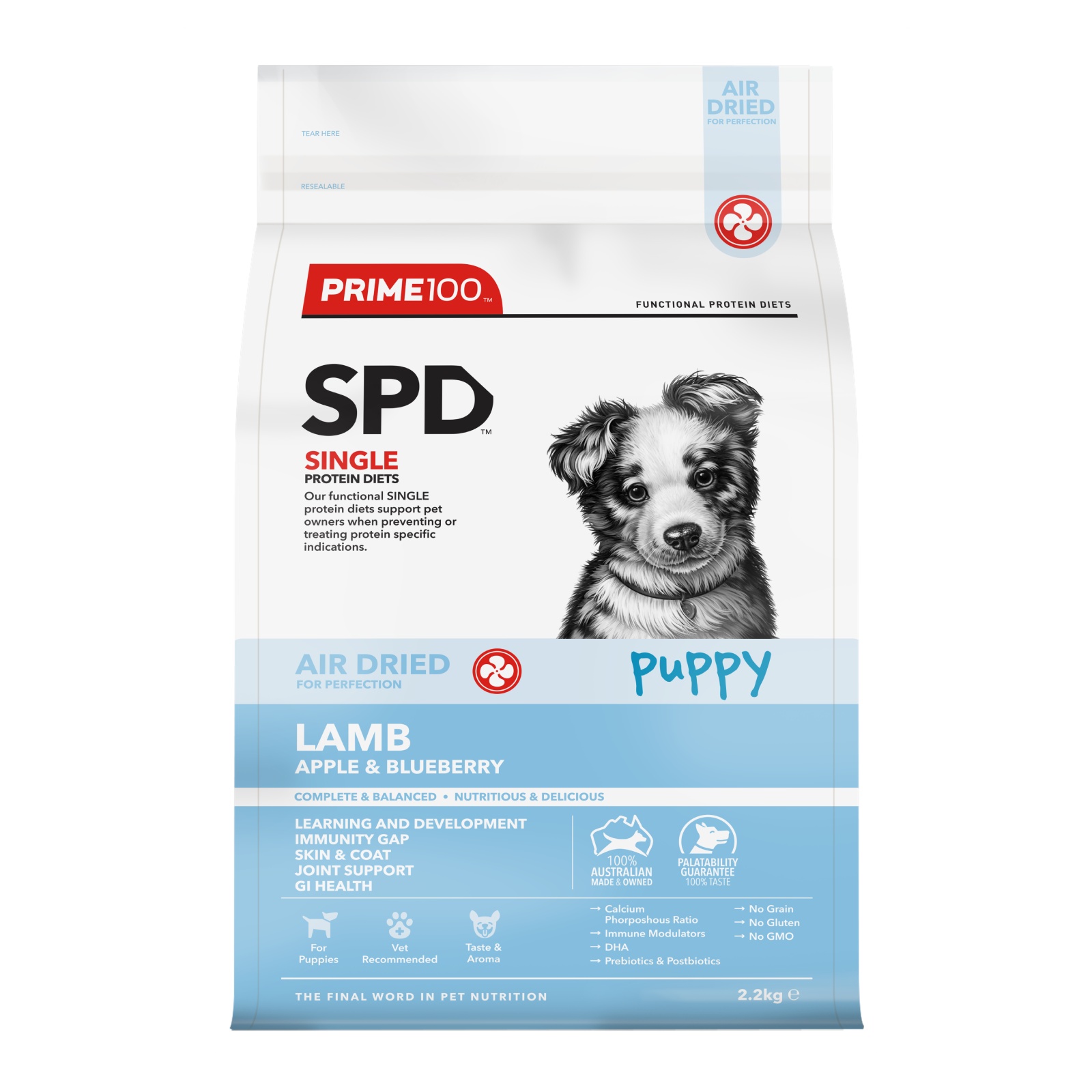 Prime100 SPD Single Protein Diet Puppy Grain Free Air Dried Lamb Apple ...